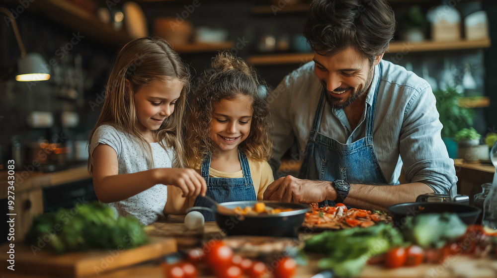 Family cooking together in a bright, modern kitchen, children helping ...