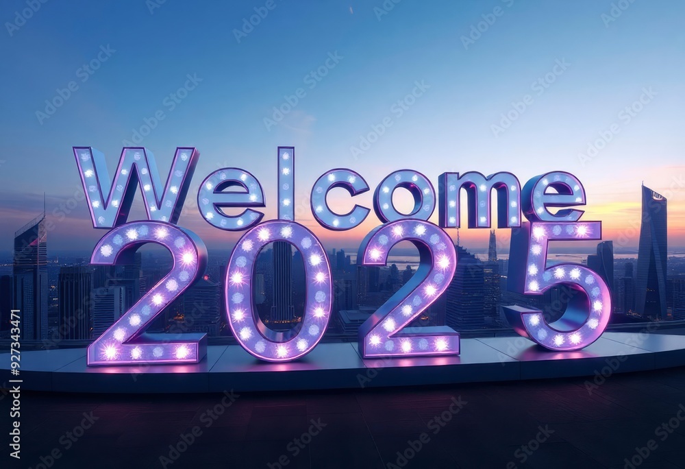 3D rendering of the text 'Welcome 2025' designed in a futuristic style ...