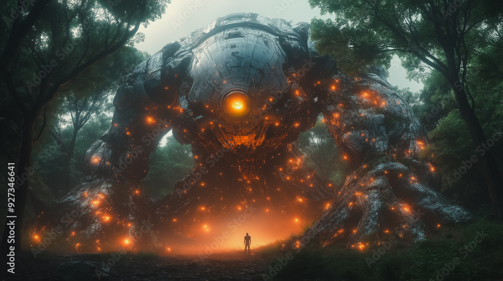 Foto de Giant robot intertwined with massive tree roots, bioluminescent ...