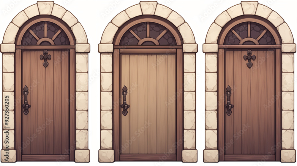 A 2D game-ready illustration of a wooden front door with a stone frame ...