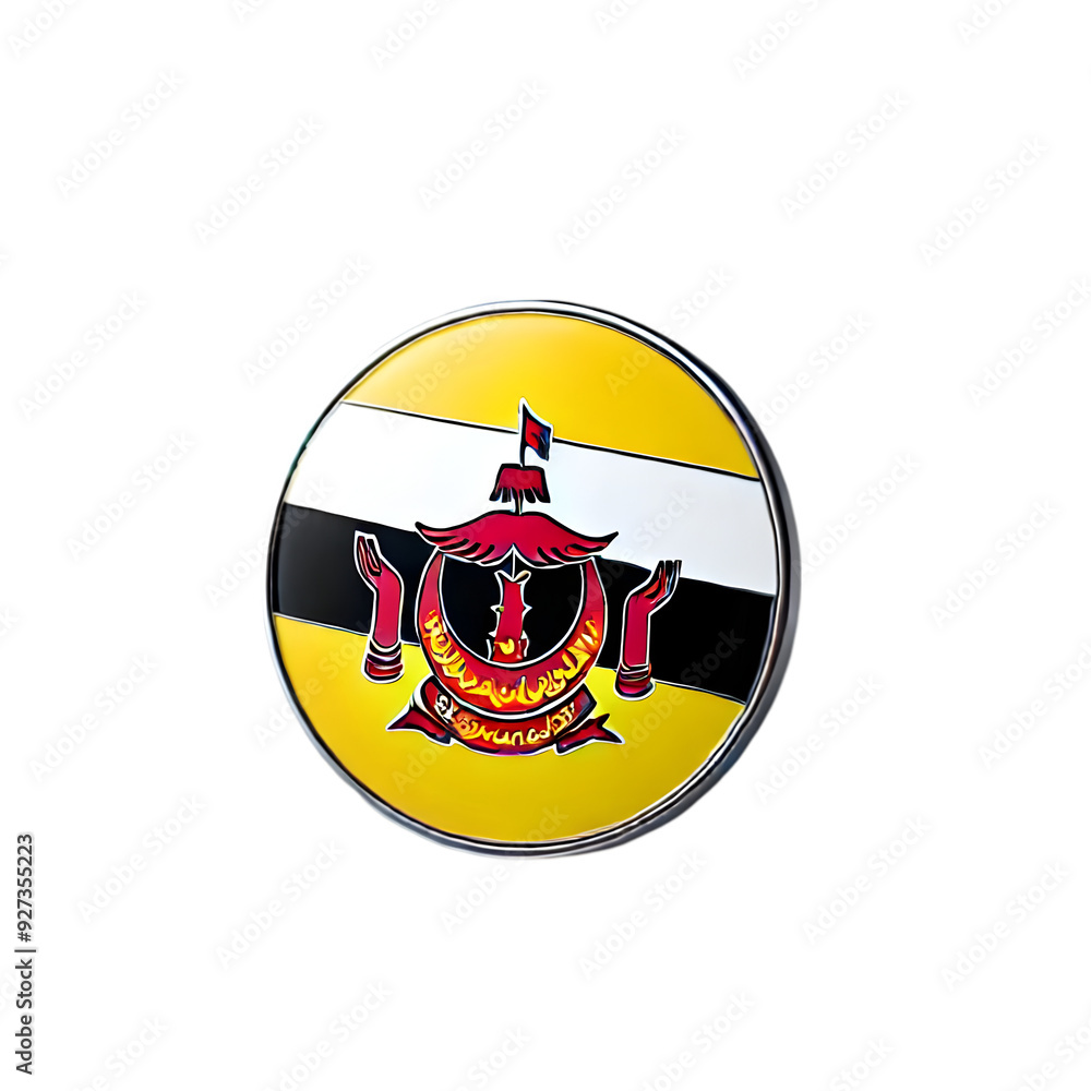 An isolated enamel pin featuring the flag of Brunei. Iconic yellow ...