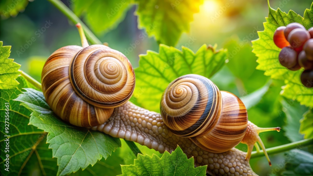 Delicate Helix pomatia vineyard snails slowly crawl on lush green ...