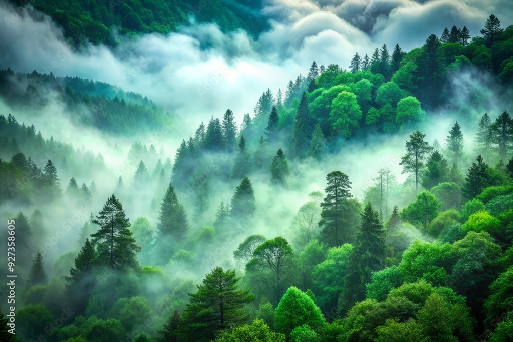 Ethereal mist envelops a primeval forest, shrouding towering trees in a ...