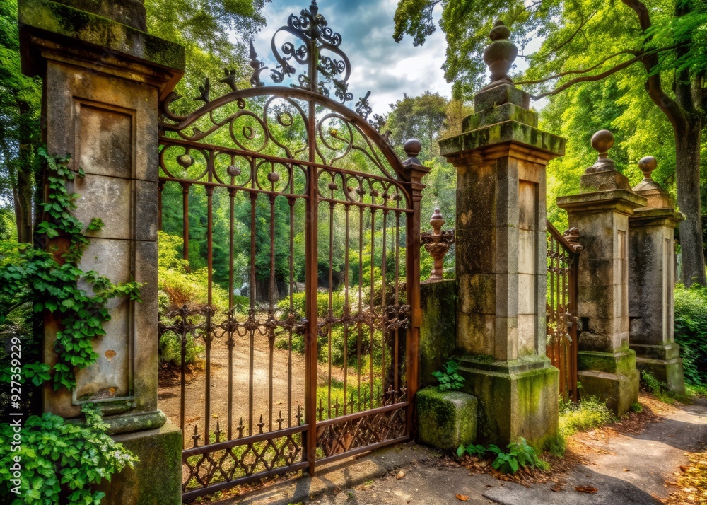 Old worn iron cemetery gate with intricate details and rusty hinges ...