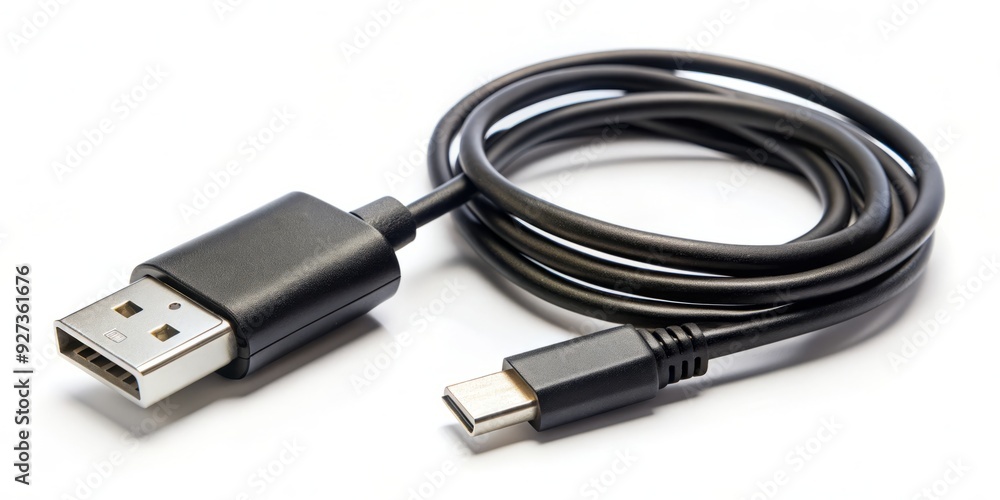 Isolated black USB cable on a clean white background, ready for ...