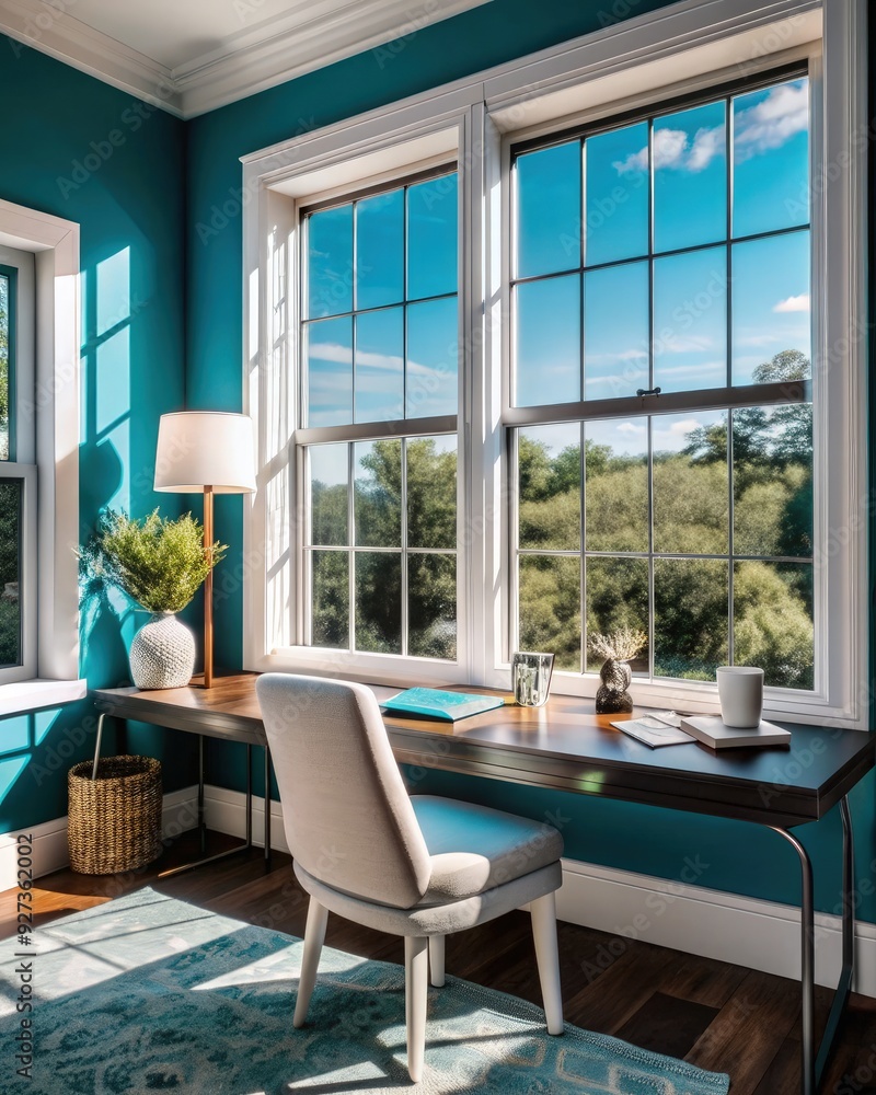 Bright study with a window view and a minimalist desk setup in a cozy ...