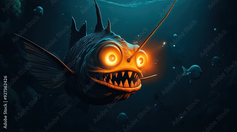 A cartoon anglerfish with a glowing light, exploring the dark depths of ...