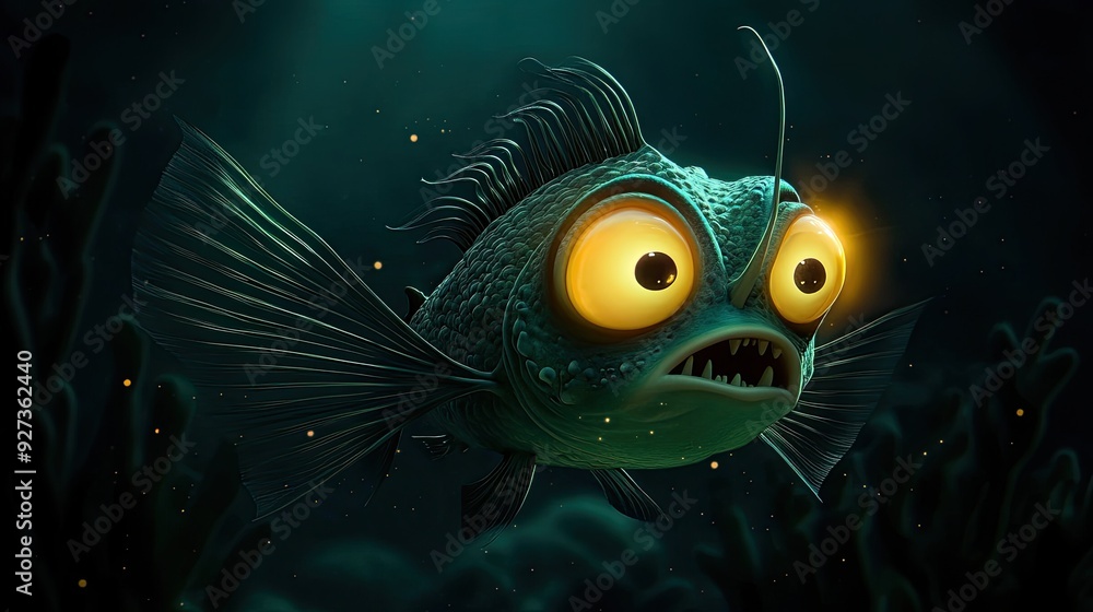 A cartoon anglerfish with a glowing light, exploring the dark depths of ...