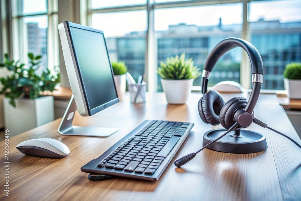 Modern telecommunication tools on a desk, featuring a VoIP headset and ...