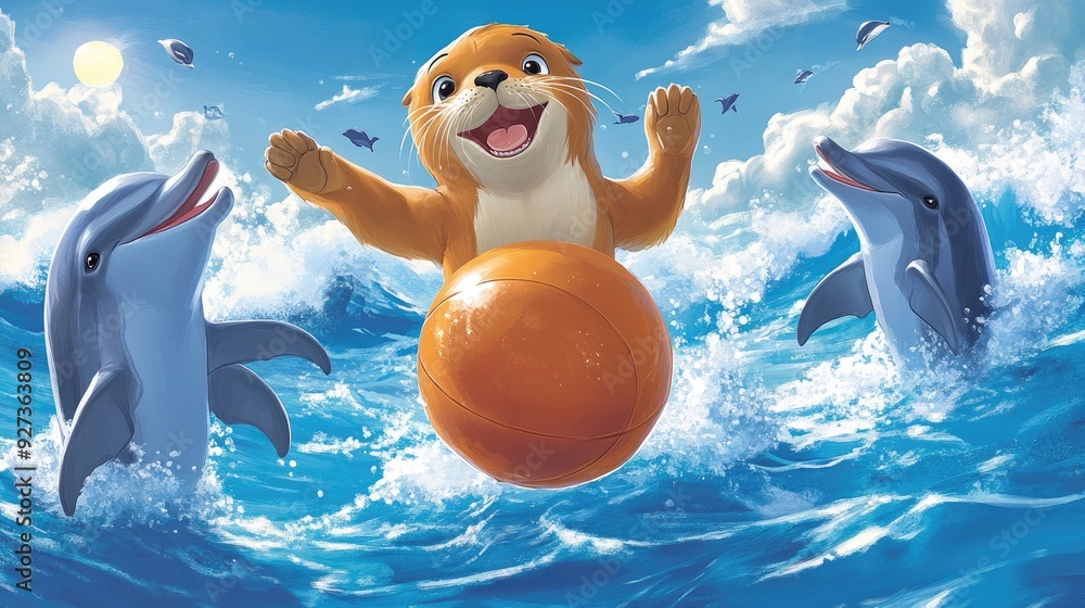 A cartoon sea lion balancing on a ball, with a group of dolphins ...