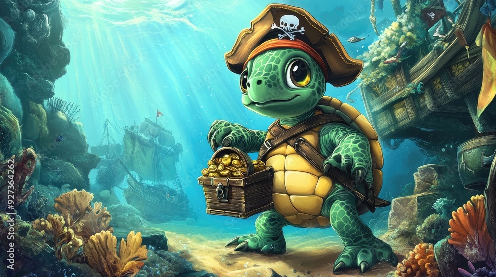 A cartoon sea turtle wearing a pirate hat, holding a treasure chest ...