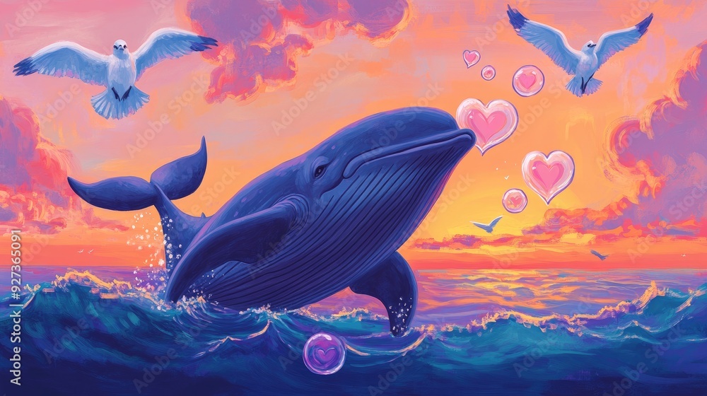 A cartoon whale blowing heart-shaped bubbles, with a group of seagulls ...
