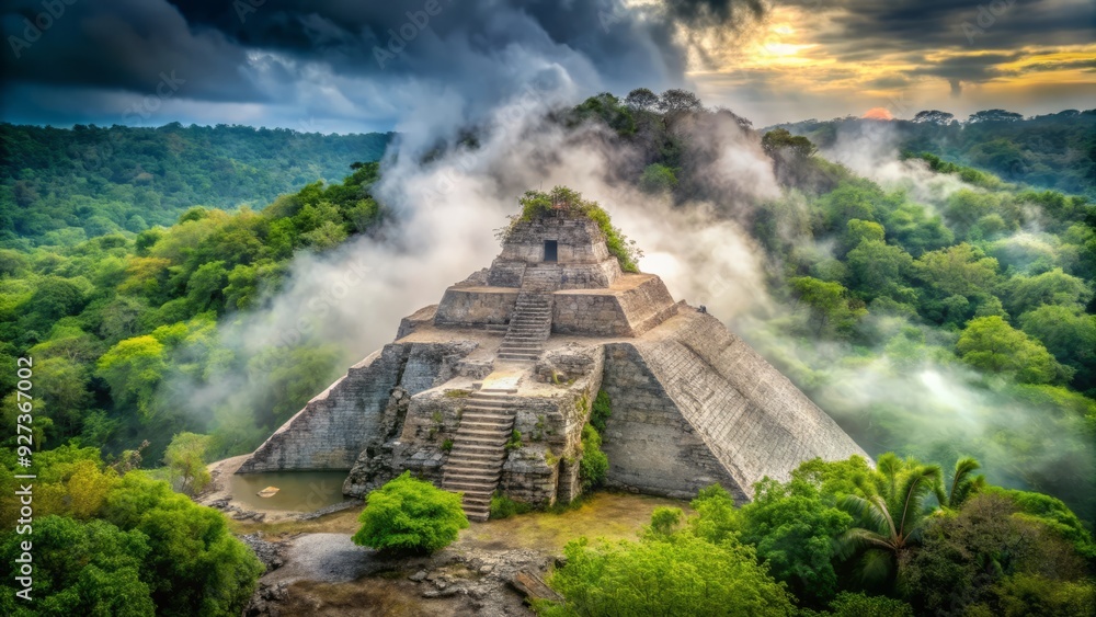 Mysterious ancient Mayan pyramid rises from the jungle floor, shrouded ...