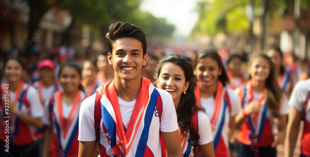 Boy smiles brightly with classmates in a joyous parade celebrating ...