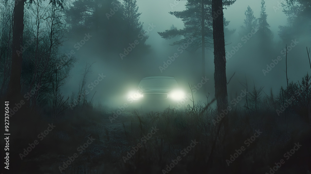 A close-up of a car’s headlights cutting through the fog in a ...