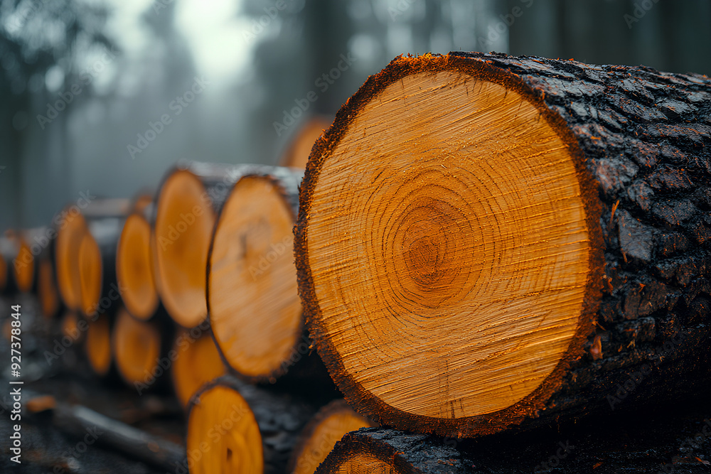 felled tree trunks stacked in rows, logging, harvesting wood for fuel ...