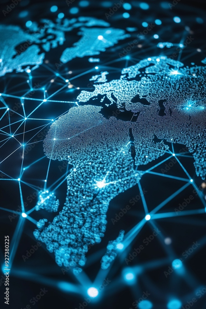 Digital map of the world with blue light connections, global ...