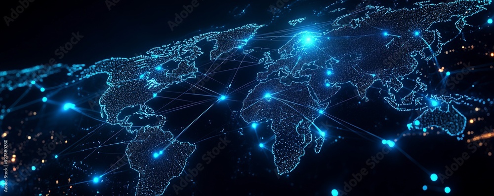 Digital map of the world with blue light connections, global ...