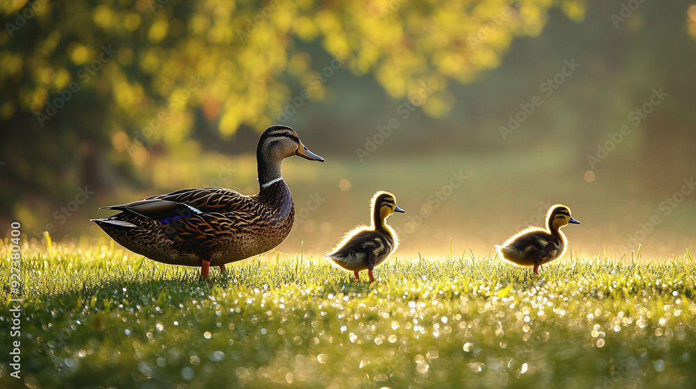 A family of ducks waddling across the grass, the father and daughter ...