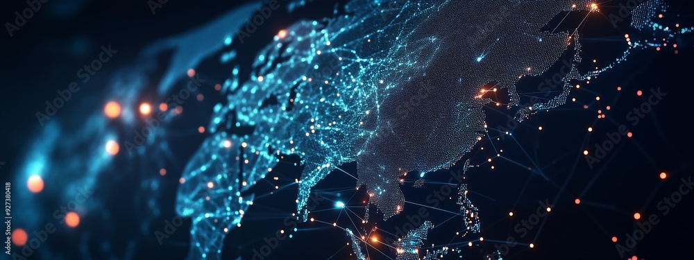 Digital map of the world with blue light connections, global ...