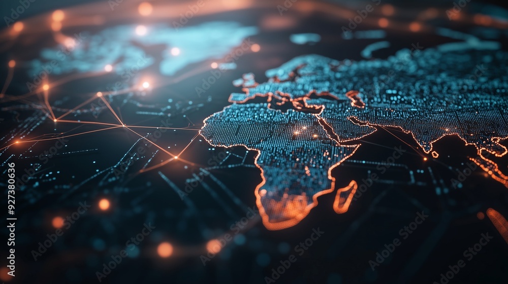 Digital map of the world with blue light connections, global ...