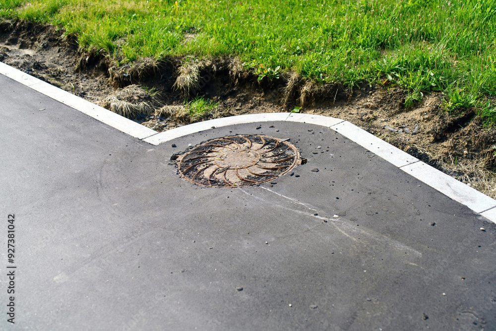 lateral curve of an asphalt sidewalk designed to accommodate a manhole ...