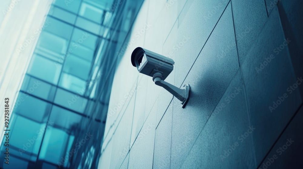 A CCTV camera on the exterior wall of a high-rise office building ...