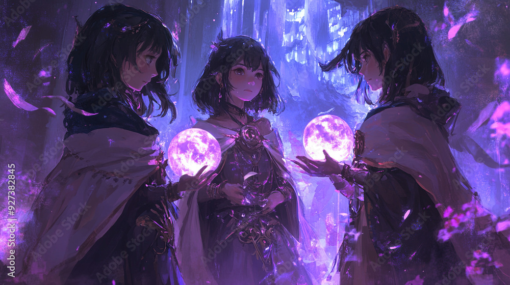 Magic anime girls with orbs full of mysterious energy Stock ...