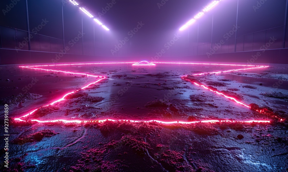 A dynamic 3D render of a glowing neon baseball field stands out against ...