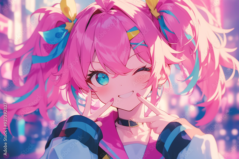 GPT Anime girl with bright pink hair in twin tails, winking and making ...