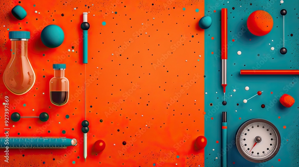 Creative science and laboratory equipment on a bright orange and teal ...
