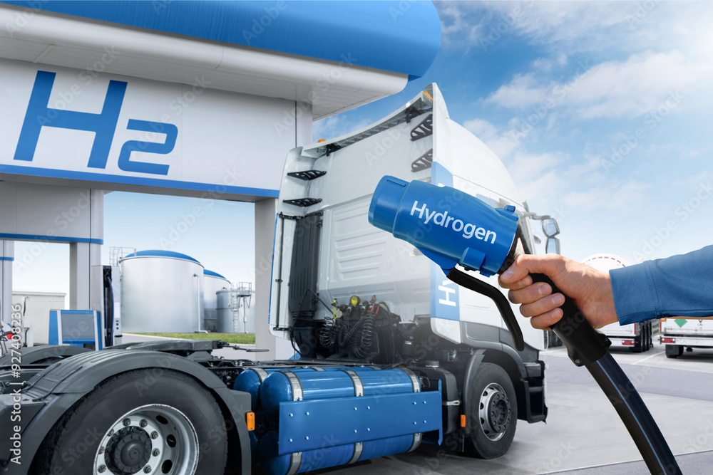 Hand with H2 nozzle on a background of hydrogen fuel cell semi truck ...