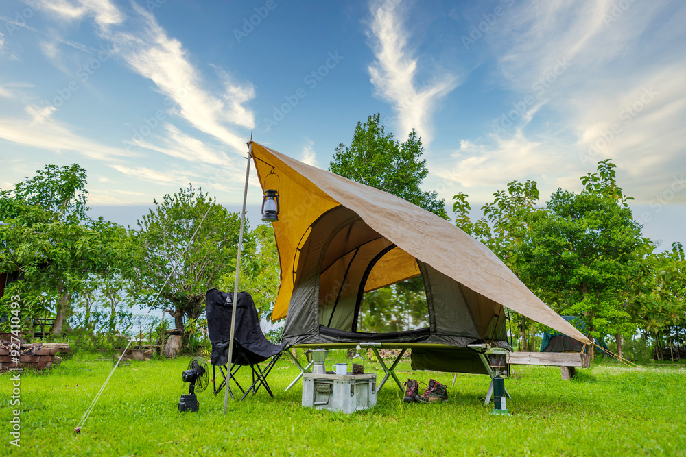 Camping tents, Antique lanterns, retro chairs, and outdoor coffee ...