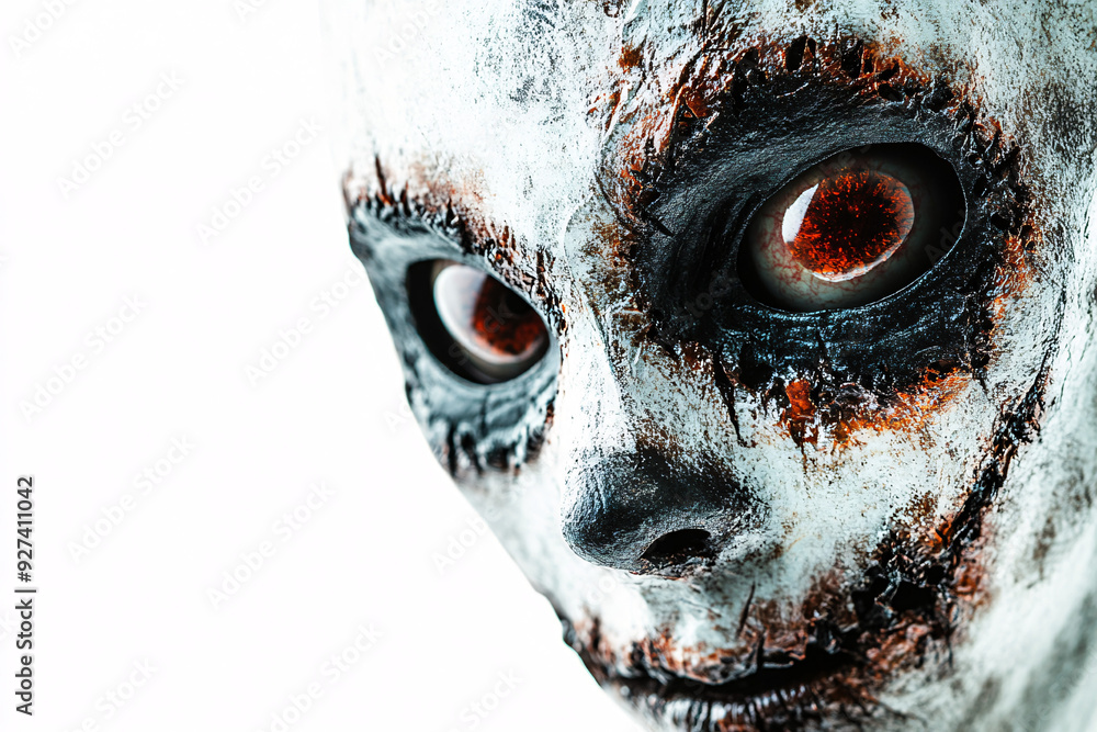 A close-up of a sinister figure with red eyes and decaying skin giving ...