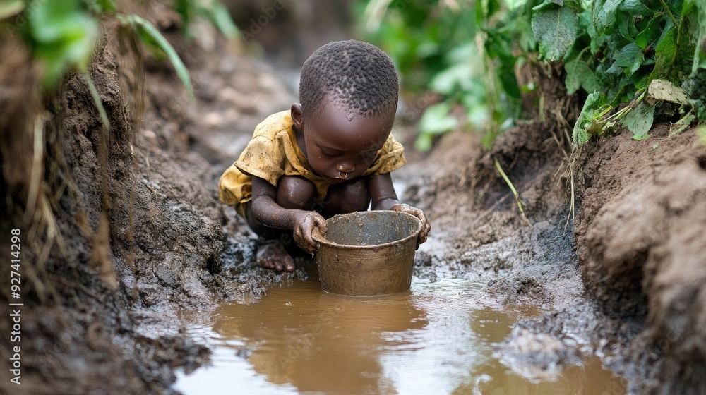 An African child collecting muddy water from a stream in a makeshift ...
