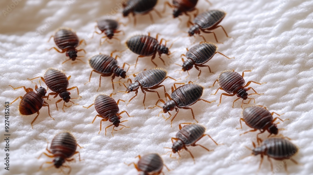Bed bugs crawling on white linen, captured in a close-up shot ...