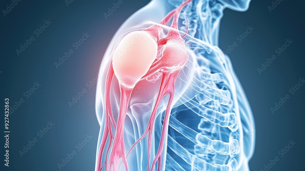 Illustration of the human shoulder showing detailed anatomy with ...
