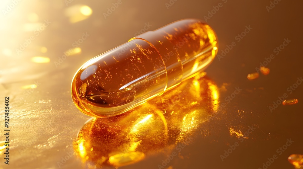 Translucent golden capsule on golden background, soft glow, pill-shaped ...