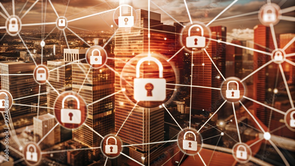 Digital security concept with network of padlocks overlaying a ...