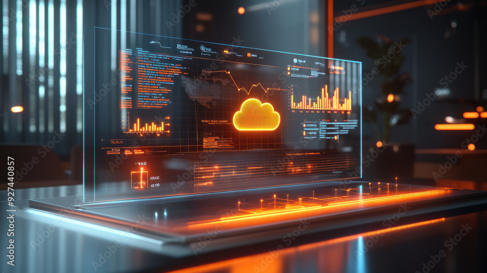 Cloud analytic tools, A stunning holographic projection of a cloud network analytics dashboard ...