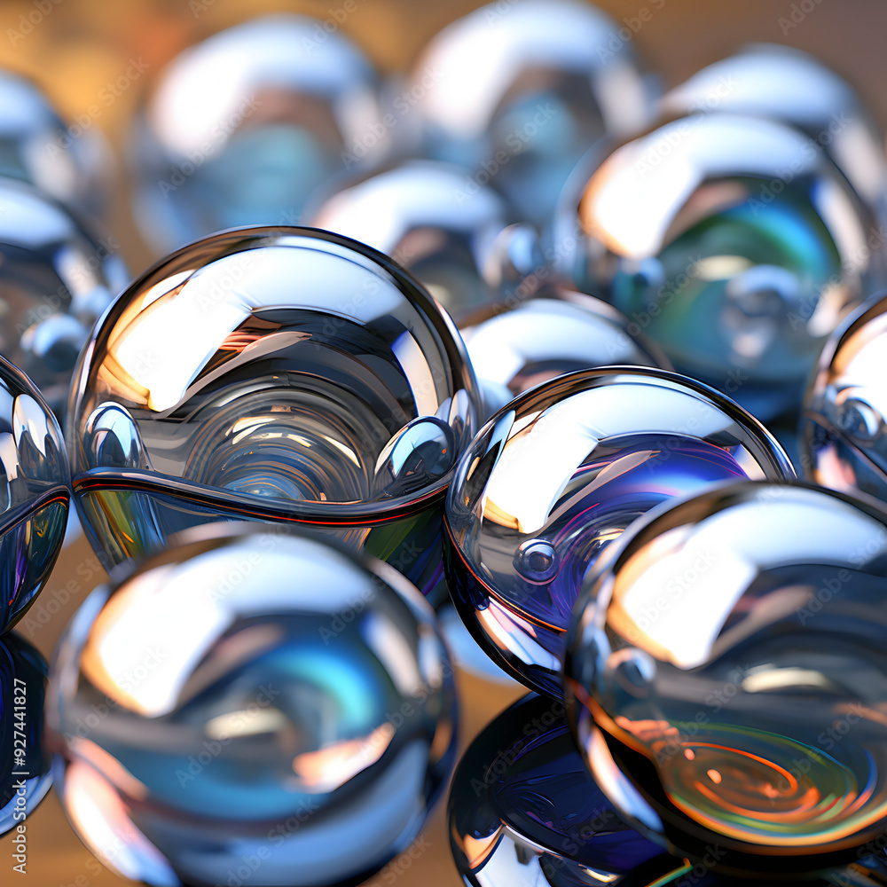 Ultra-realistic photograph of multiple chrome marbles reflecting light ...