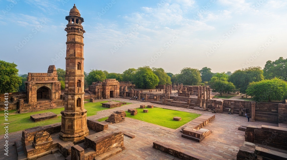 Classic view of the Qutub Minar complex with its historical structures ...