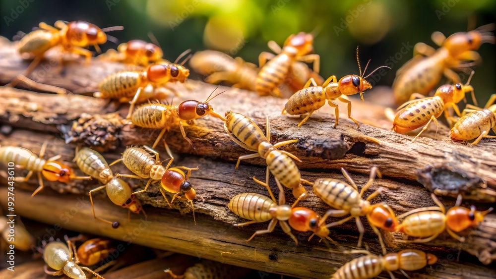 Termites crawling on dry plant branches looking for food for larvae in ...