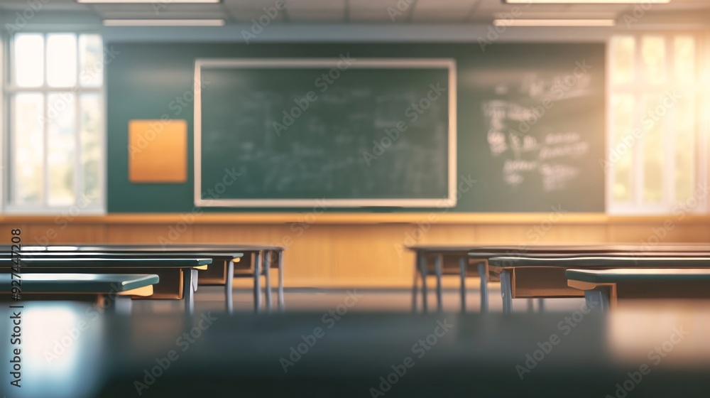 Blur background of interior design of empty classroom with blackboard ...