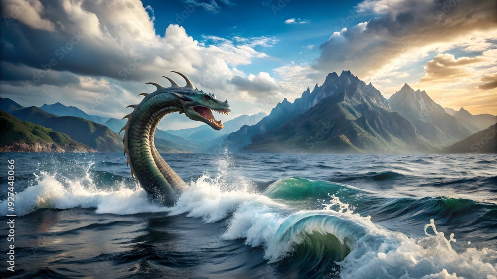 Sea serpent emerging from water creating waves with mountains in ...