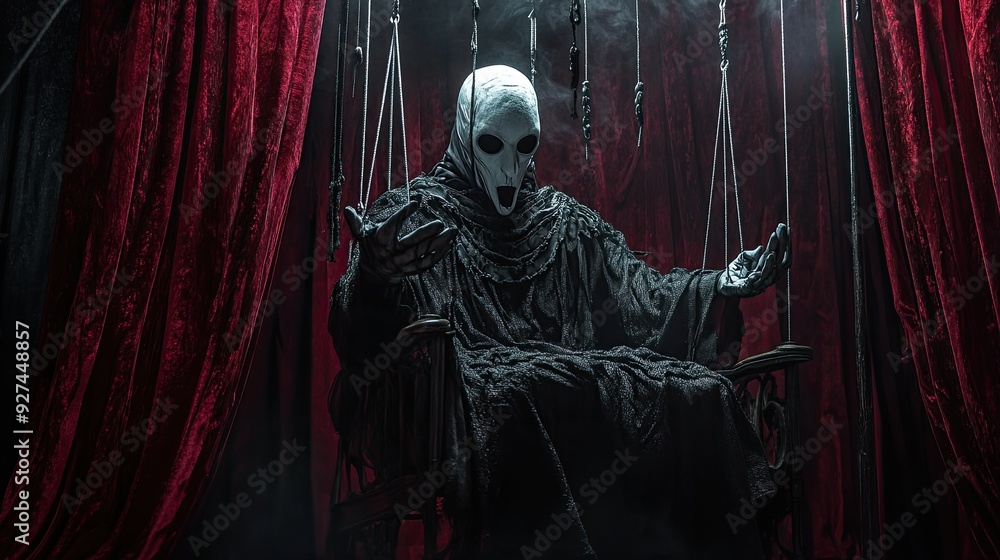 Cloaked puppet master controls an elaborate scene with delicate strings ...