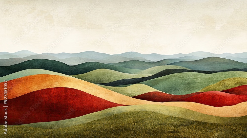 Detailed 2D artwork of rolling hills featuring layered textures and ...