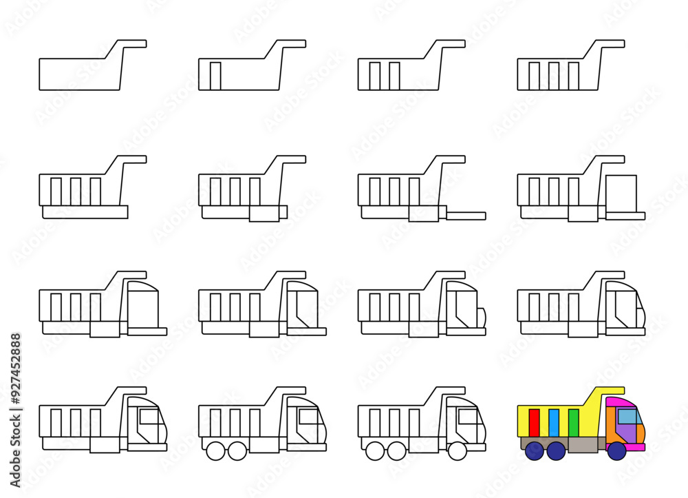 How to draw step by step? Worksheet easy guide to drawing cartoon dump ...