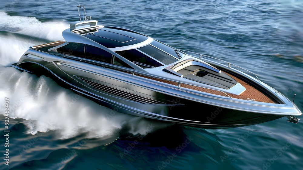 A sleek and modern speedboat with an open deck layout featuring a large ...