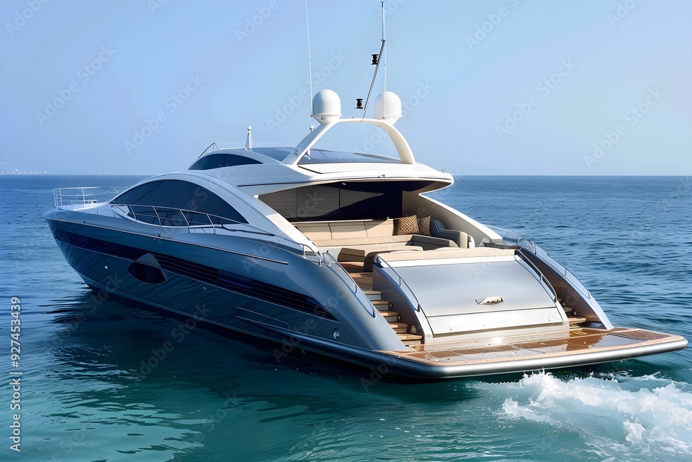 A sleek and modern speedboat with an open deck layout featuring a large ...